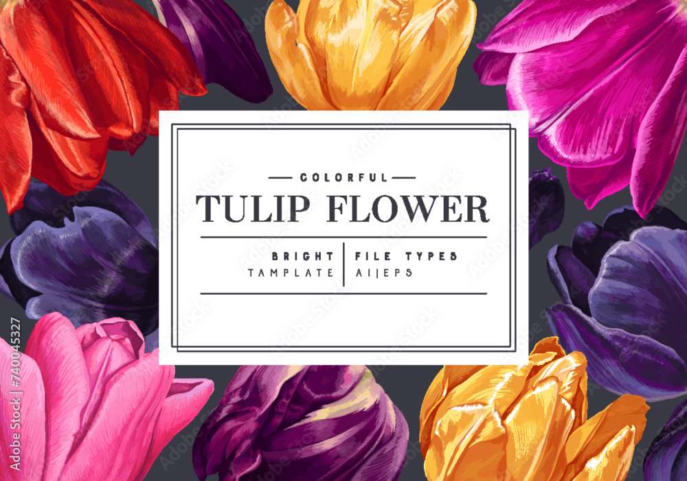 Bright tulip flowers on a dark background in a template for cards ...