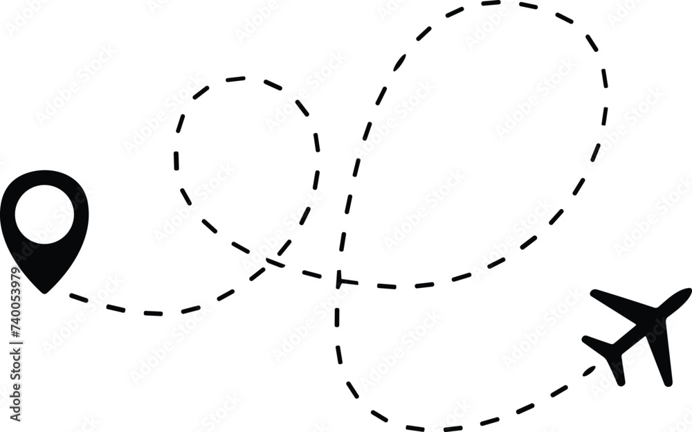 Airplane line path icon of air plane flight route with start point and ...