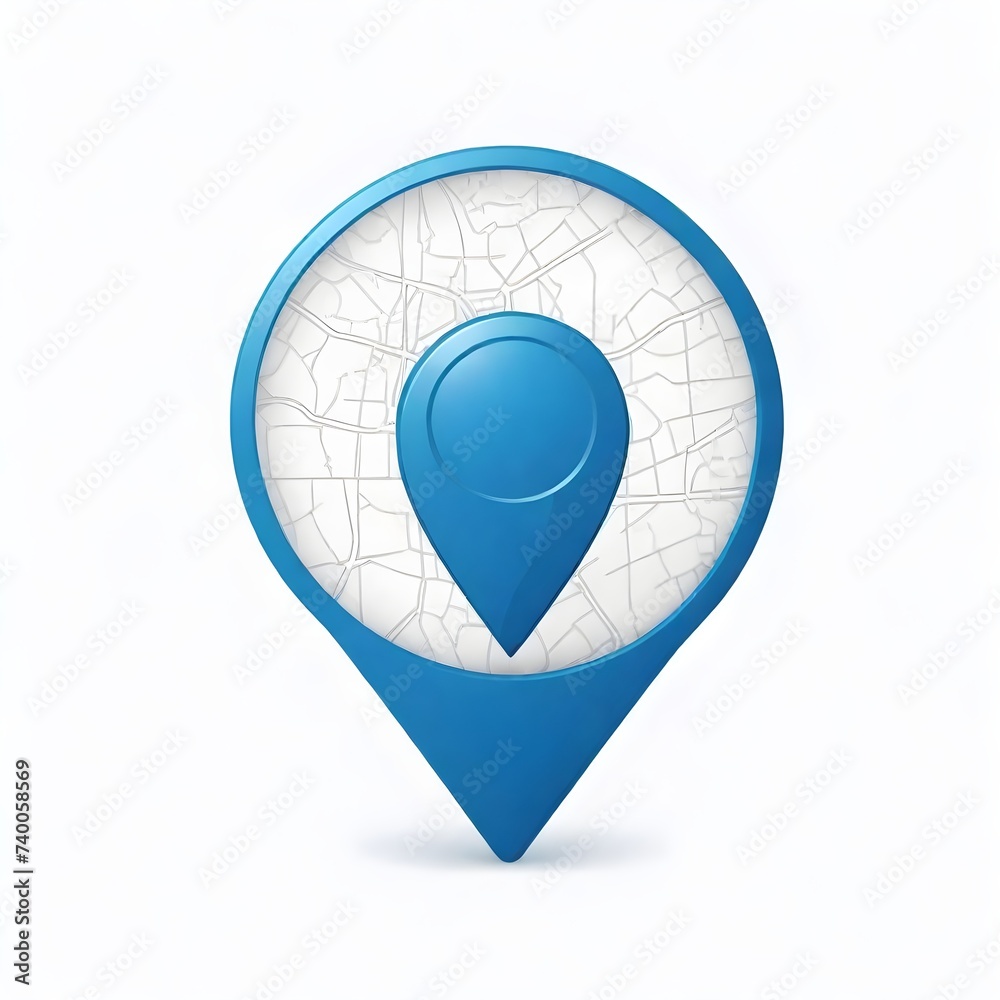 A blue map marker on top of a stylized map with streets on a white ...