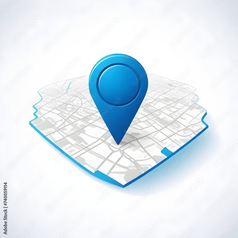 A blue map marker on top of a stylized map with streets on a white ...