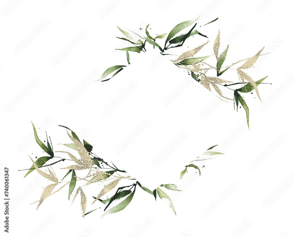 Watercolor hand painted exotic greenery horizontal rhombus frame. Green ...