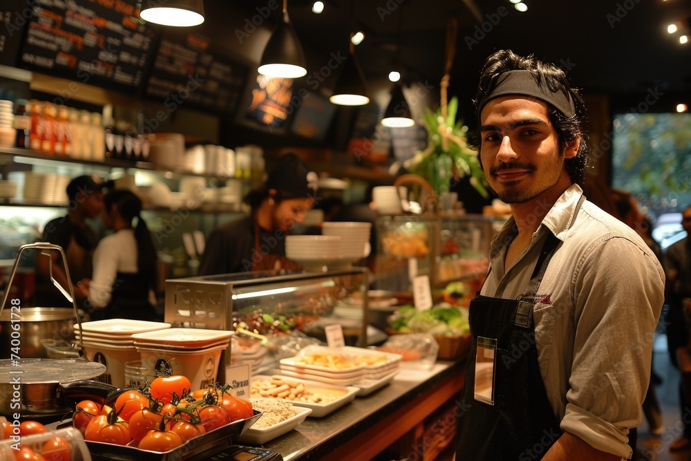 A genial young man working as a cashier in a bustling cafe, his amiable ...