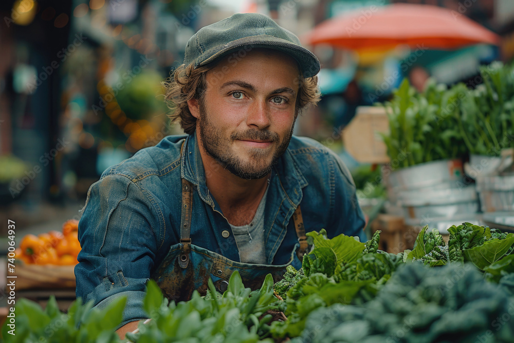 A joyful urban farmer in denim overalls and a cap stands proudly at a ...