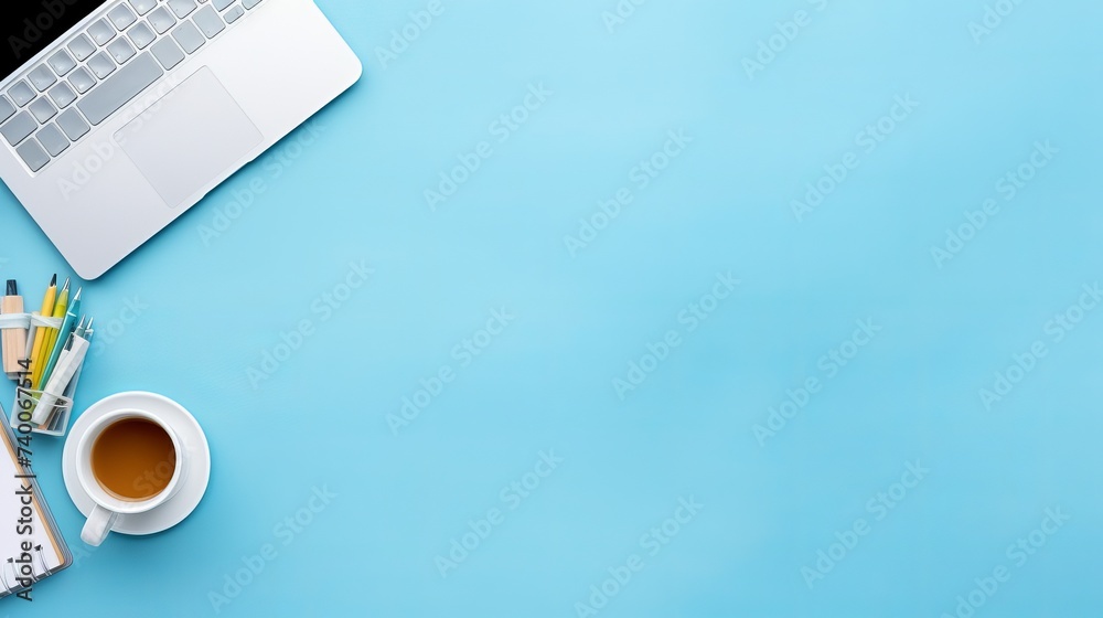 Online learning design concept. Top view of student table with computer ...