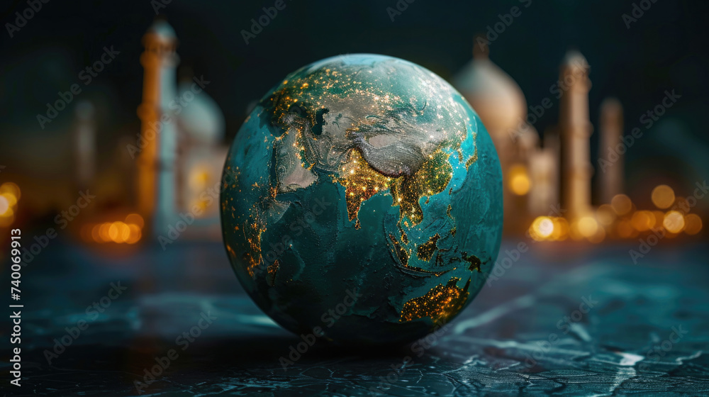 planet earth, round globe, glowing lights on the continents, blurred ...