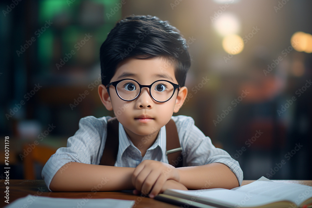 Fictional illustration of a smart educated kid with in front of books ...