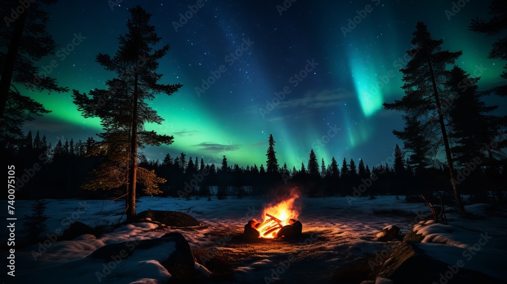 A warm and cosy campfire in the wilderness with forest trees ...