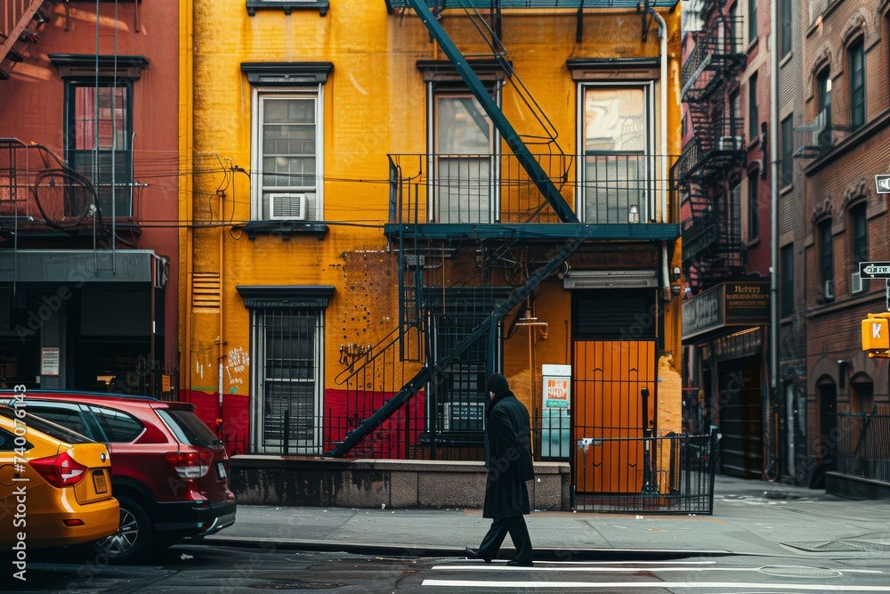 Man walking across the street in a vibrant urban setting with yellow ...
