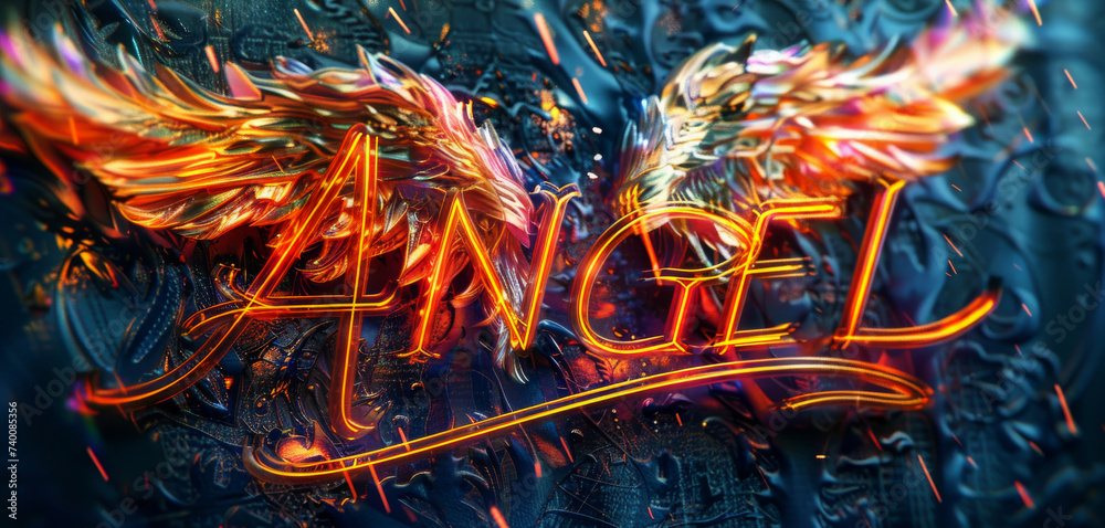 Text "Angel" neon glowing, stylized angel wings on a absrtract ...