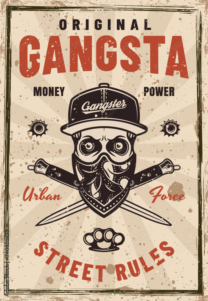 Gangsta vector poster in vintage style with skull in cap and bandana on ...