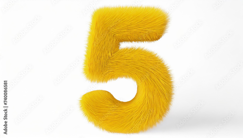 Cute yellow number 5 or five as fur shape, short hair, white background ...