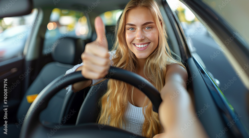 Beautiful girl driver smiles and shows a thumbs up while driving a new ...