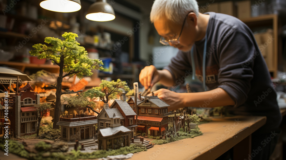 Man constructing model of town. Generative AI Stock Photo | Adobe Stock