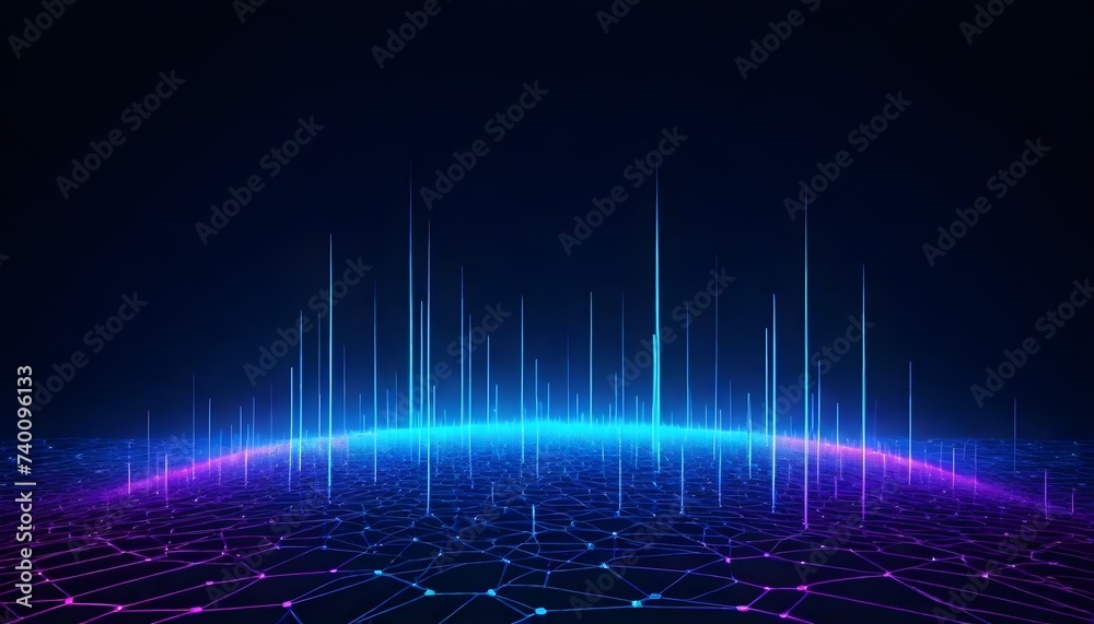 Blue neon grid landscape with vertical light beams emanating from the ...