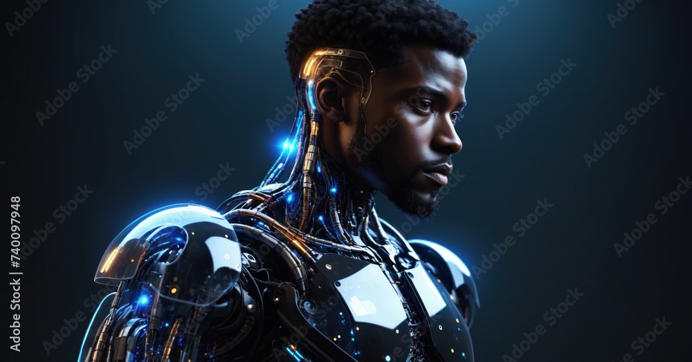 Abstract Cyborg African man on the blurred sci-fi background. Male ...