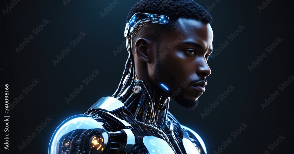 Abstract Cyborg African man on the blurred sci-fi background. Male ...