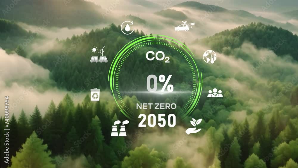 Digital dashboard of CO2 level gauge percentage drop down to 0. Net Zero Emissions by 2050 ...