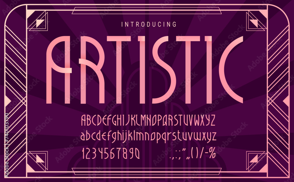 Art deco font, retro romantic pink typeface, nouveau type, elegant ...