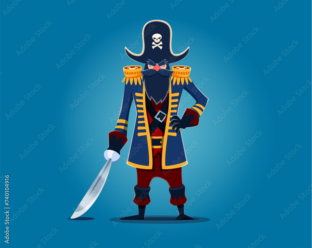 Cartoon pirate captain character in tricorn hat. Isolated vector swashbuckling sea corsair rover ...