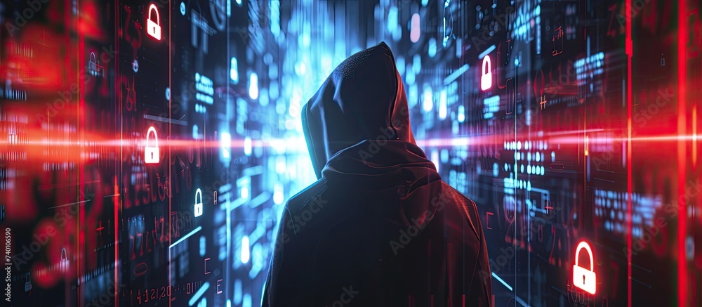 A hooded person in a dark room with red and blue lights double exposes ...