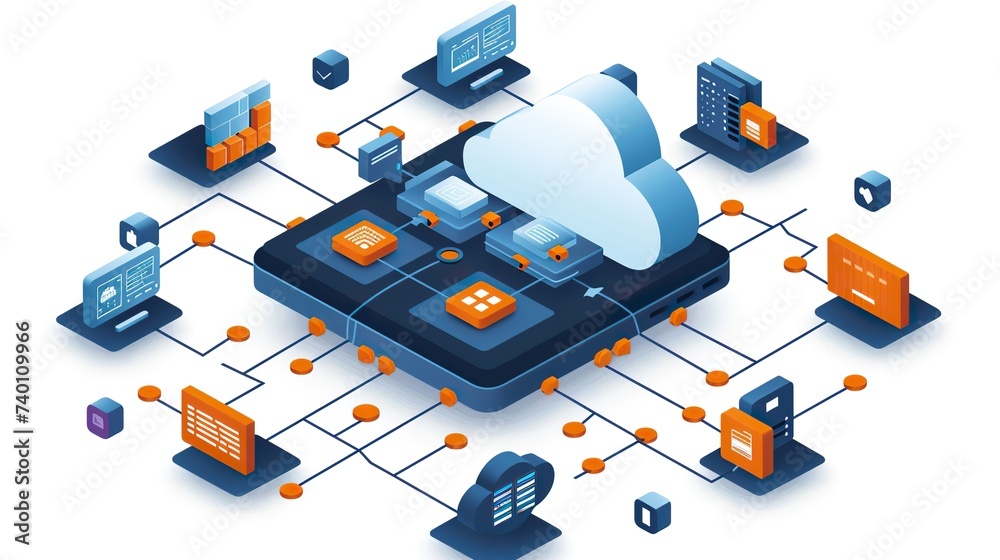 An isometric graphic of distributed network architecture, illustrating ...