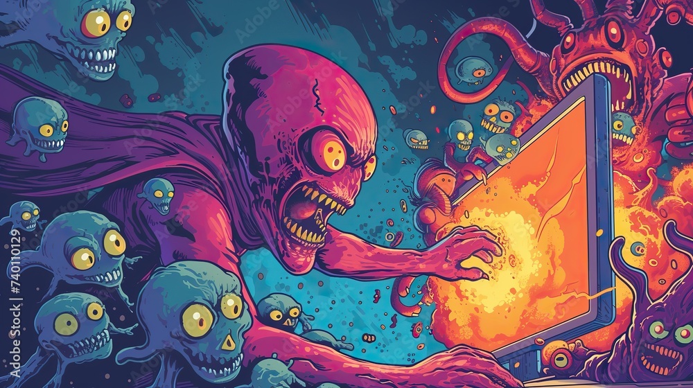 A nightmarish scene in a digital illustration where a horrific monster ...