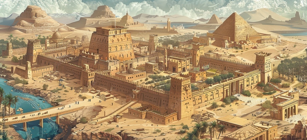Detailed illustration reconstructing an ancient Mesopotamian city with ...