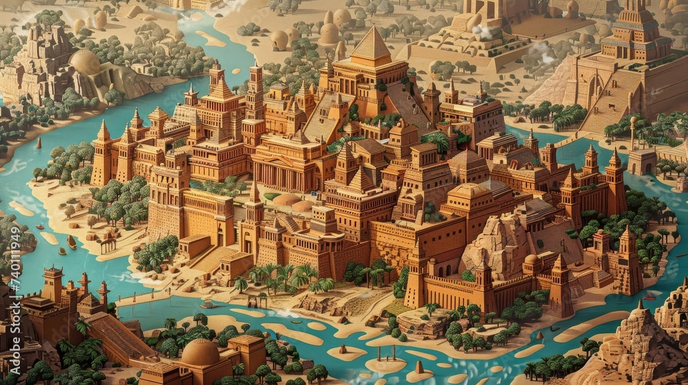 Artistic interpretation of the ancient city of Babylon, featuring grand ...