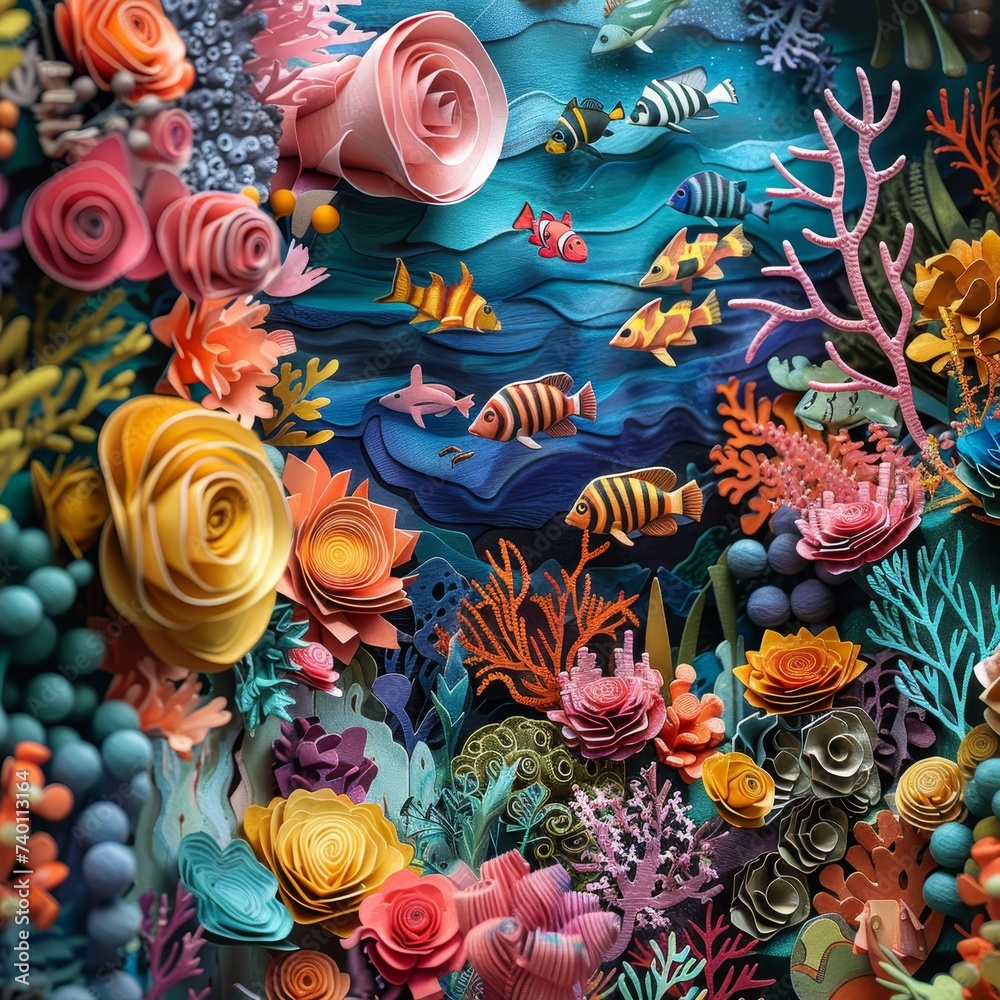 This exquisite paper quilling artwork brings to life a diverse oceanic ...