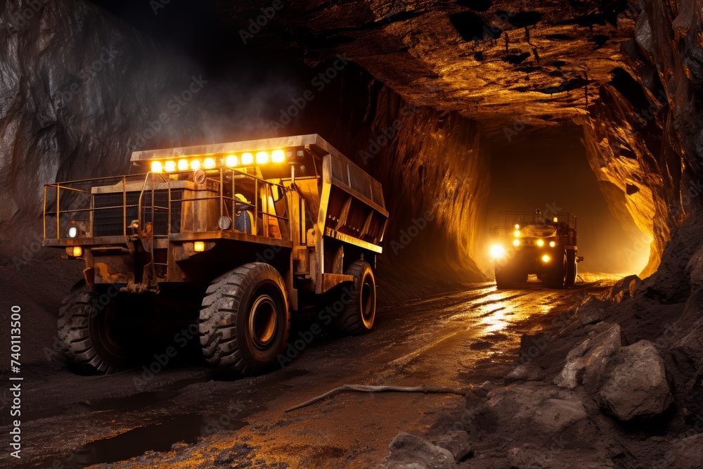 Industrial Scene Featuring a Continuous Miner at Work in a Complex ...
