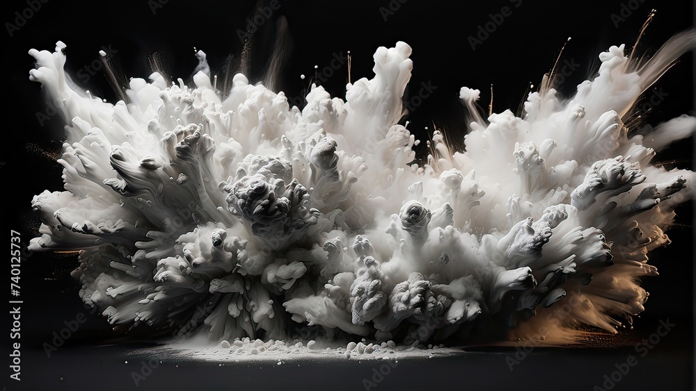 dynamic white powder explosion isolated against a striking black ...