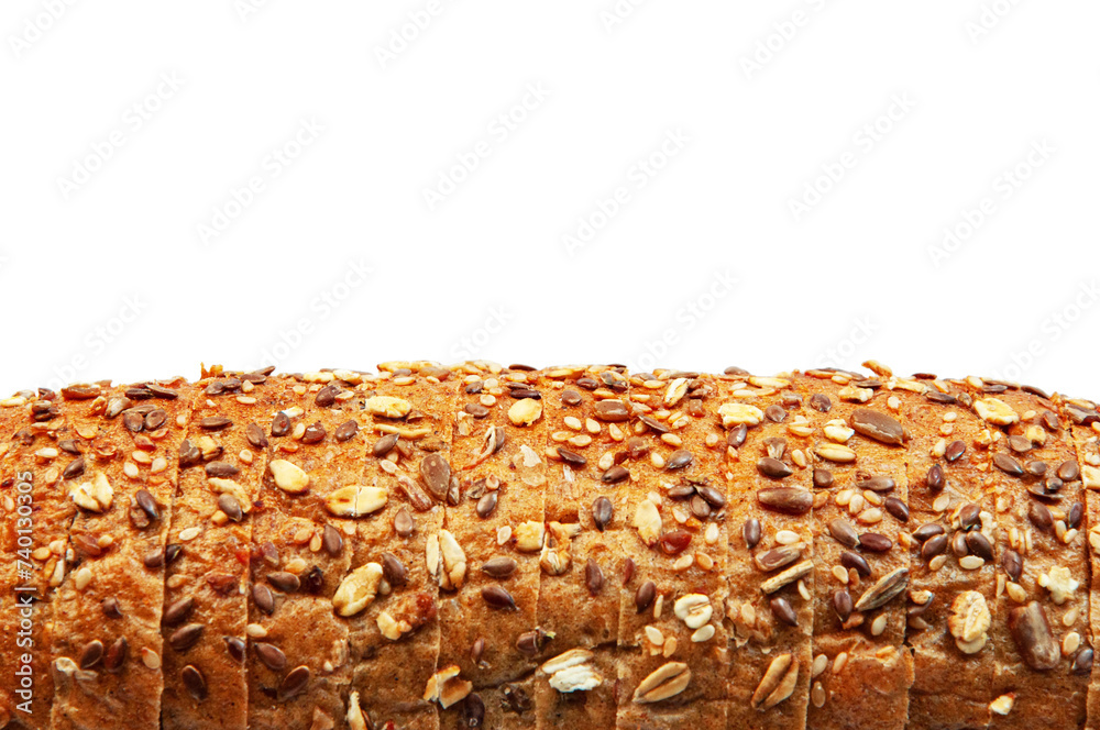 black sliced bread with bran on a white background. oval dark bread ...