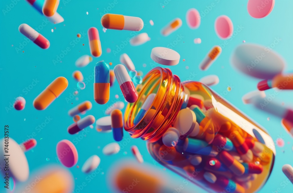 The vibrant cascade of colorful pills represents the complex and ...