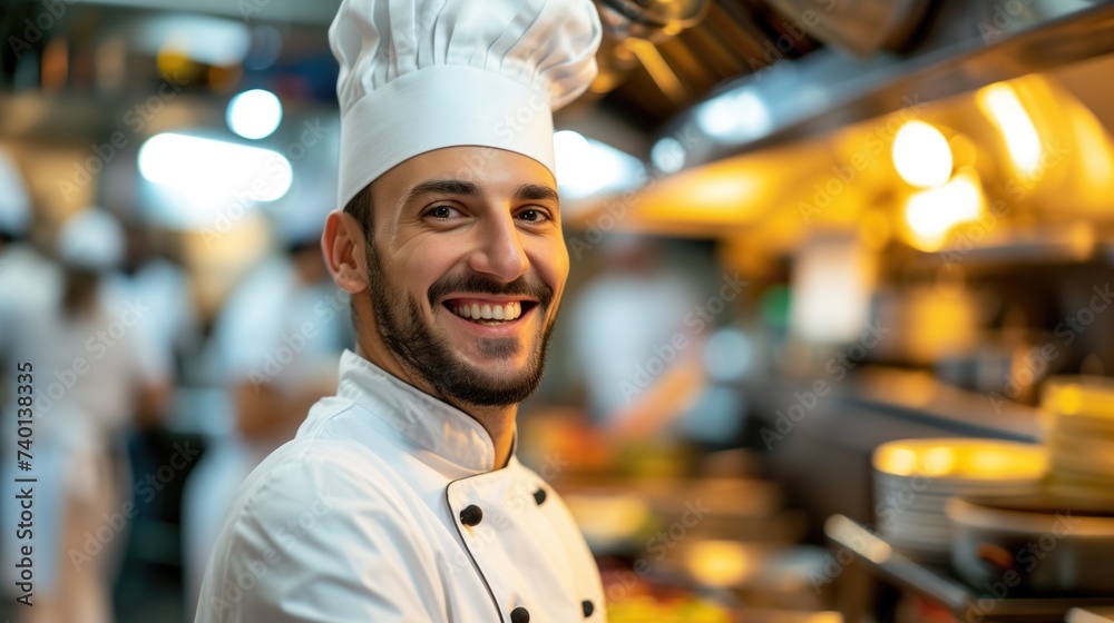Smiling chef in his kitchen, Famous chef of a big restaurant smiles in ...