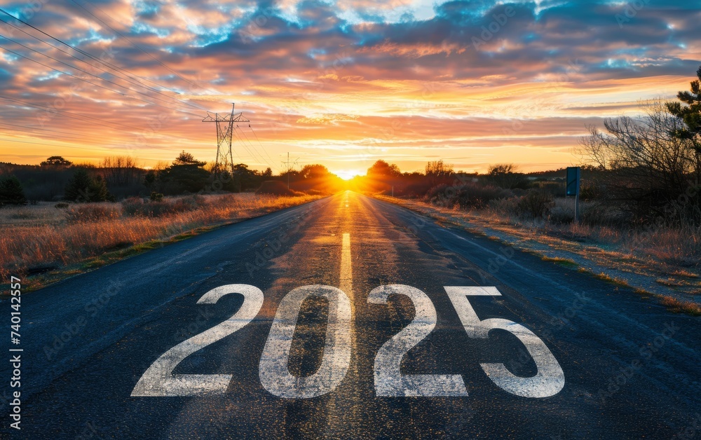 The number '2025' emblazoned on the road captures a sunset journey into ...