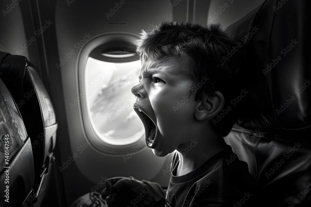little boy screaming on an airplane. Concept Traveling with Kids ...