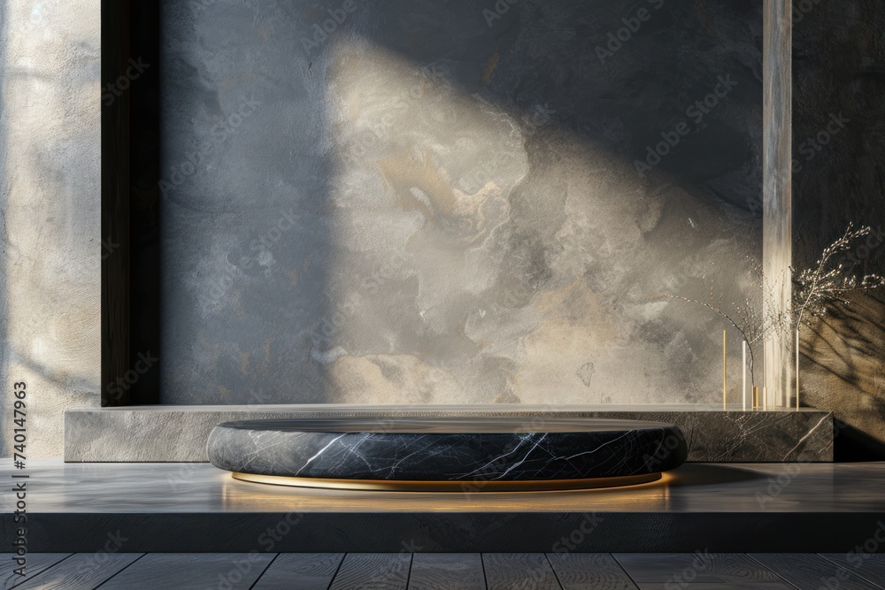 Contemporary minimalist design featuring a low round table with ambient ...