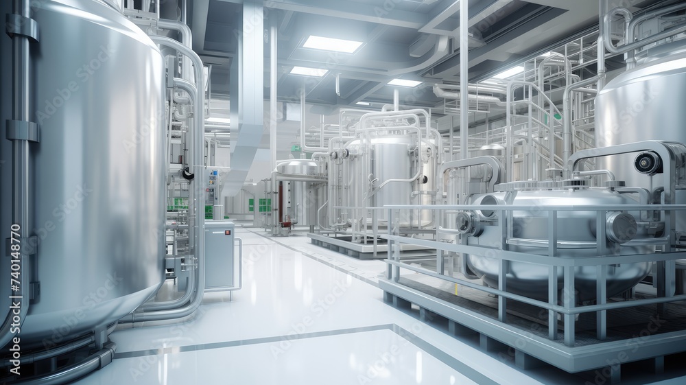 an industrial factory producing whey protein, featuring futuristic ...