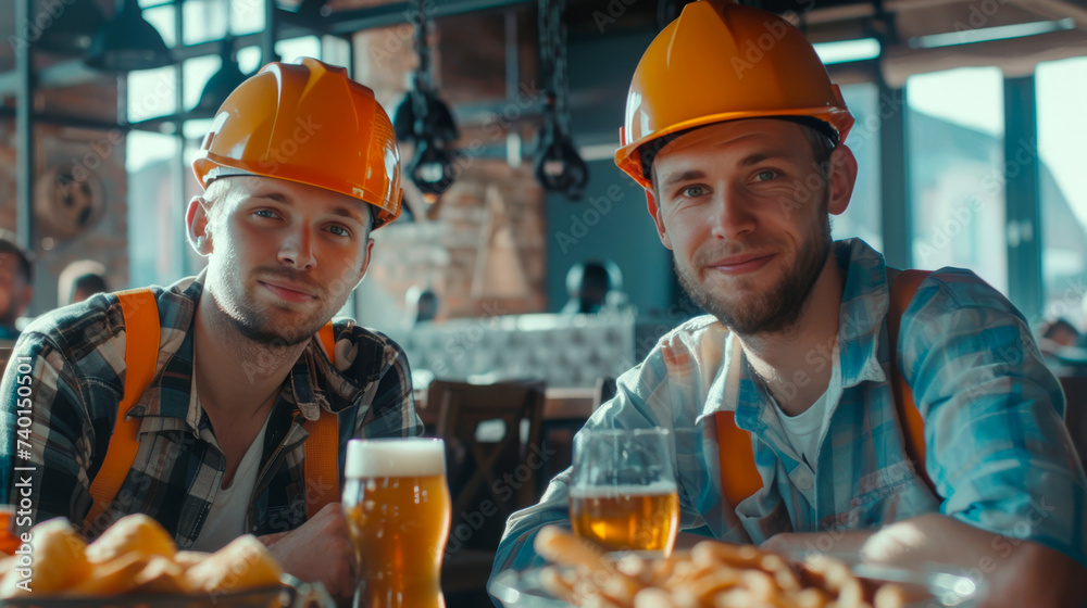 Happy construction workers drink beer in a cafe after a hard day's work ...