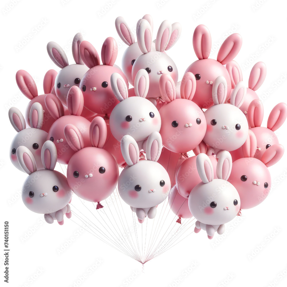 A bunch of pink and white rabbits are floating in the air. The rabbits ...