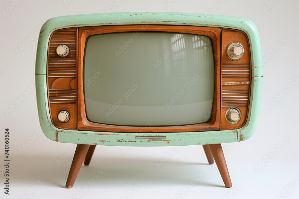 An aged television set is elegantly displayed on a rustic wooden stand ...