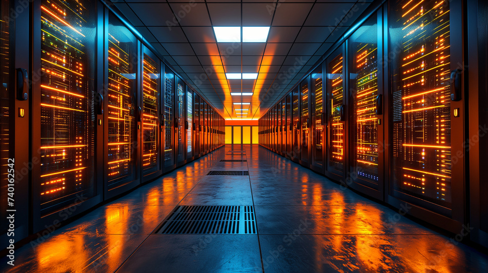 Modern data center server racks in dark room with RTX lighting and ...