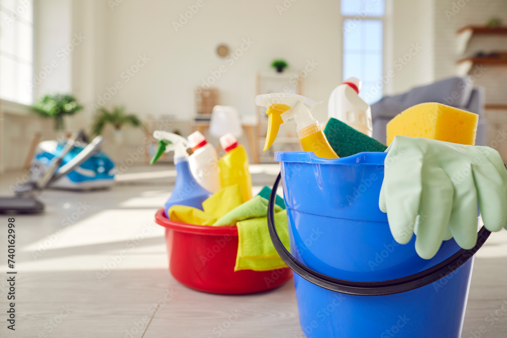 Various cleaning tools items and supplies for washing apartments ...