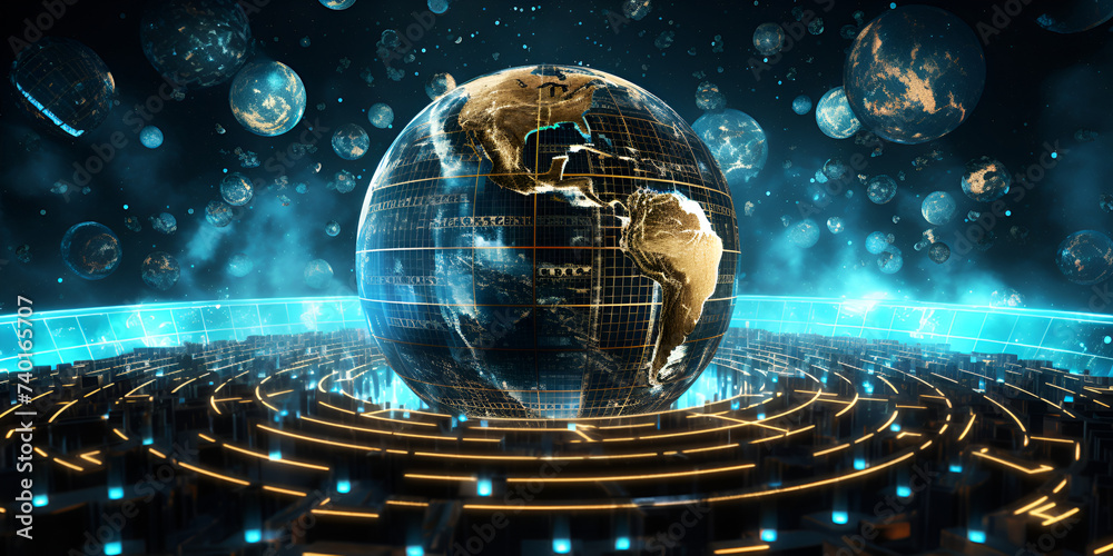 Futuristic 3D rendering Glowing orb with financial symbols, a digital ...