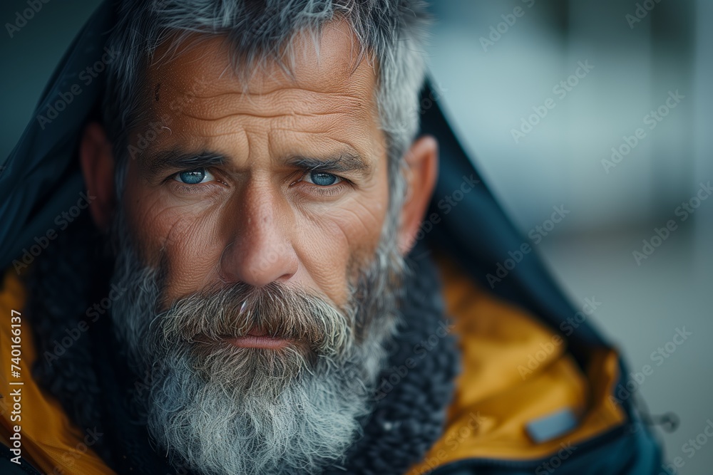 Elderly homeless man in outdoor attire gazes sternly, his weathered ...