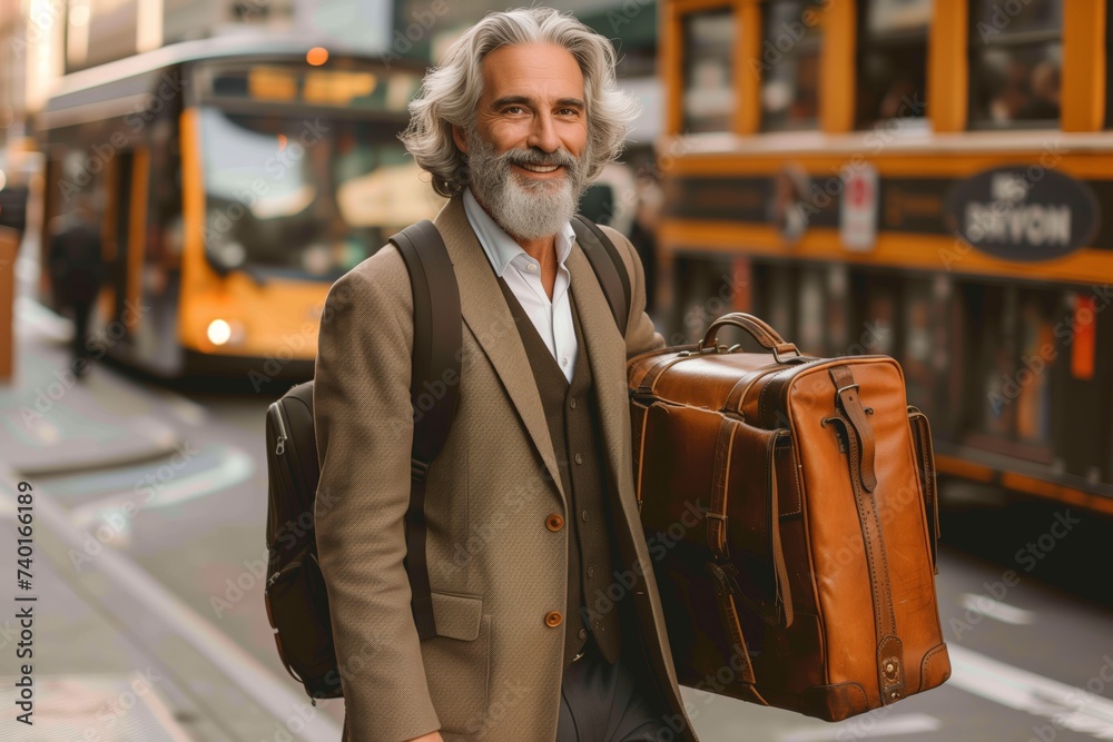 elderly homeless man with silver hair, suitcase in hand, strides with ...