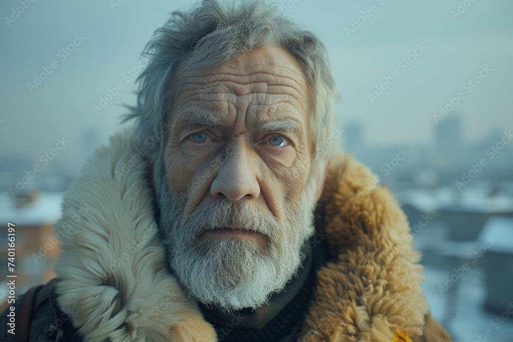 elderly homeless man with a fur-lined hood, his face etched with ...