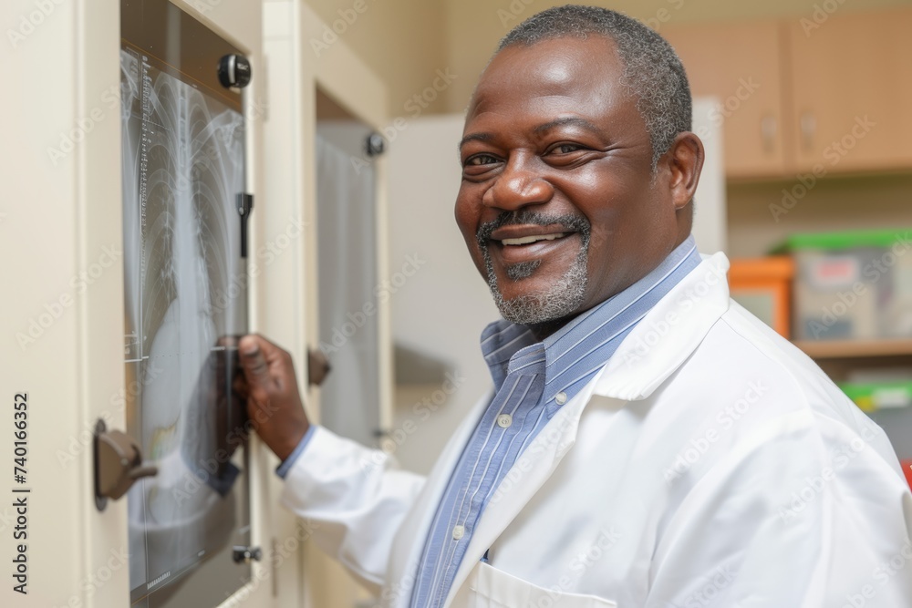Experienced physician in a lab coat analyzing chest X-rays on a ...