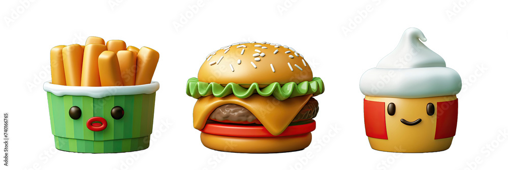 Animated fast food characters including fries, burger, and soft-serve ...