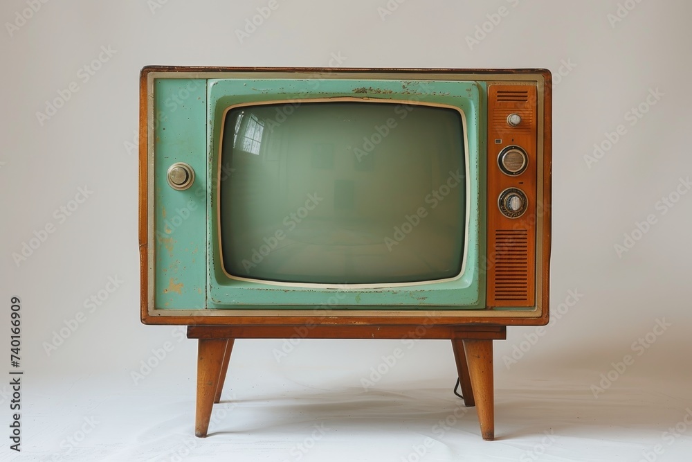 An antique television set rests atop a traditional wooden stand ...